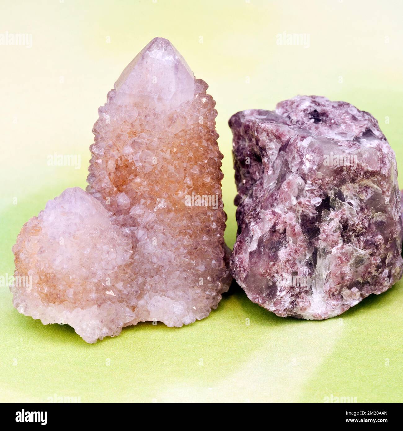 Macro close up colour photograph of 'Spirit Quartz and Lepidolite' a ...