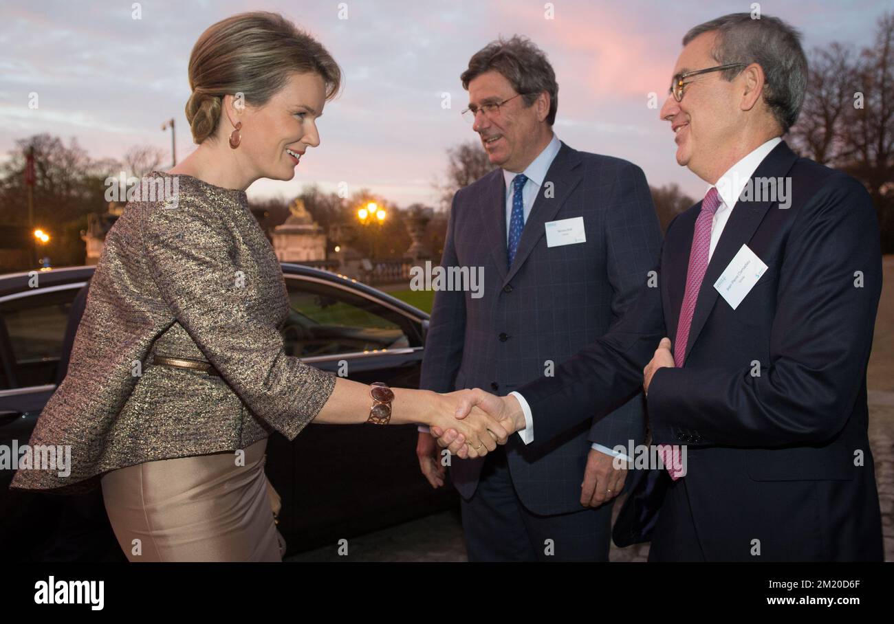 Queen Mathilde of Belgium is welcomed by Solvay chairman Nicolas Boel ...