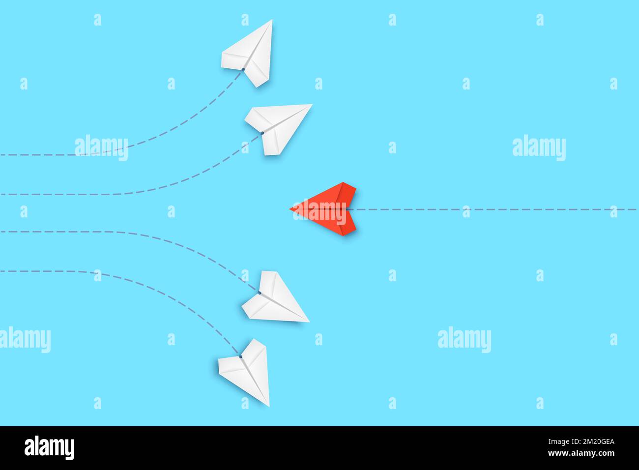 White paper planes flying in one direction. Red plane changing ... White paper planes flying in one direction. Red plane changing ...