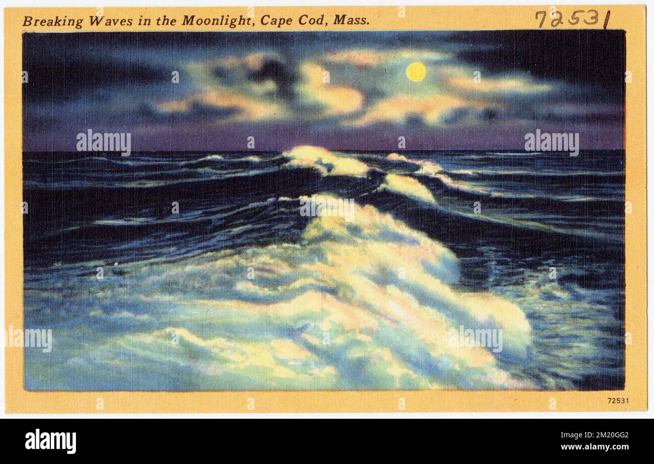 Breaking waves in the moonlight, Cape Cod, Mass. , Seas, Tichnor ...