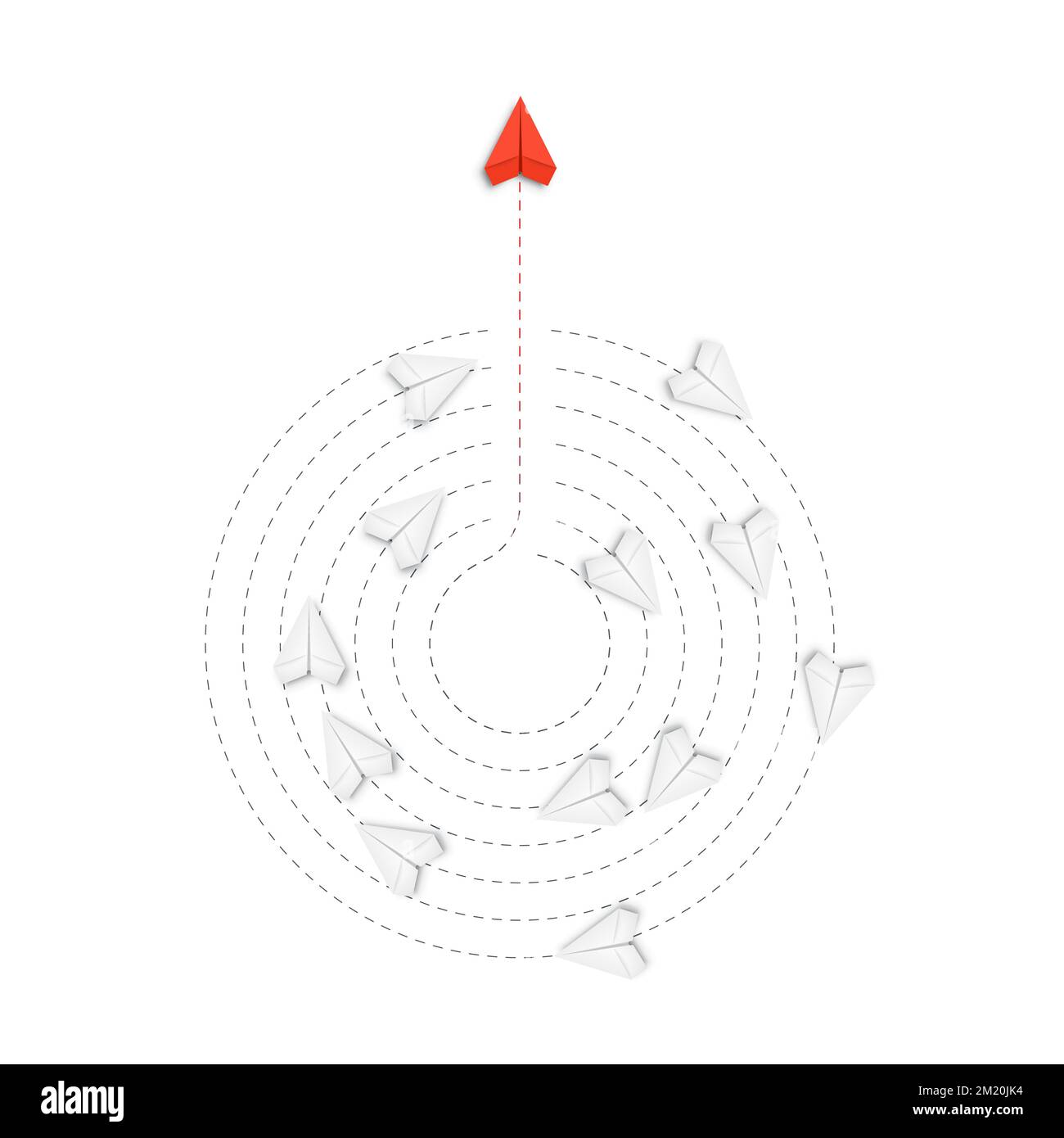 White paper planes flying in one direction. Red plane changing ...