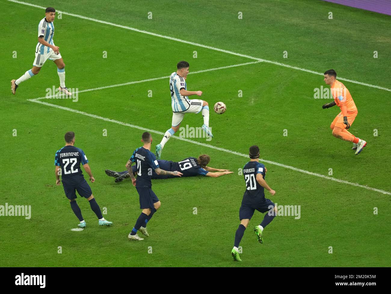 Argentina's Julian Alvarez scores their side's second goal of the game ...