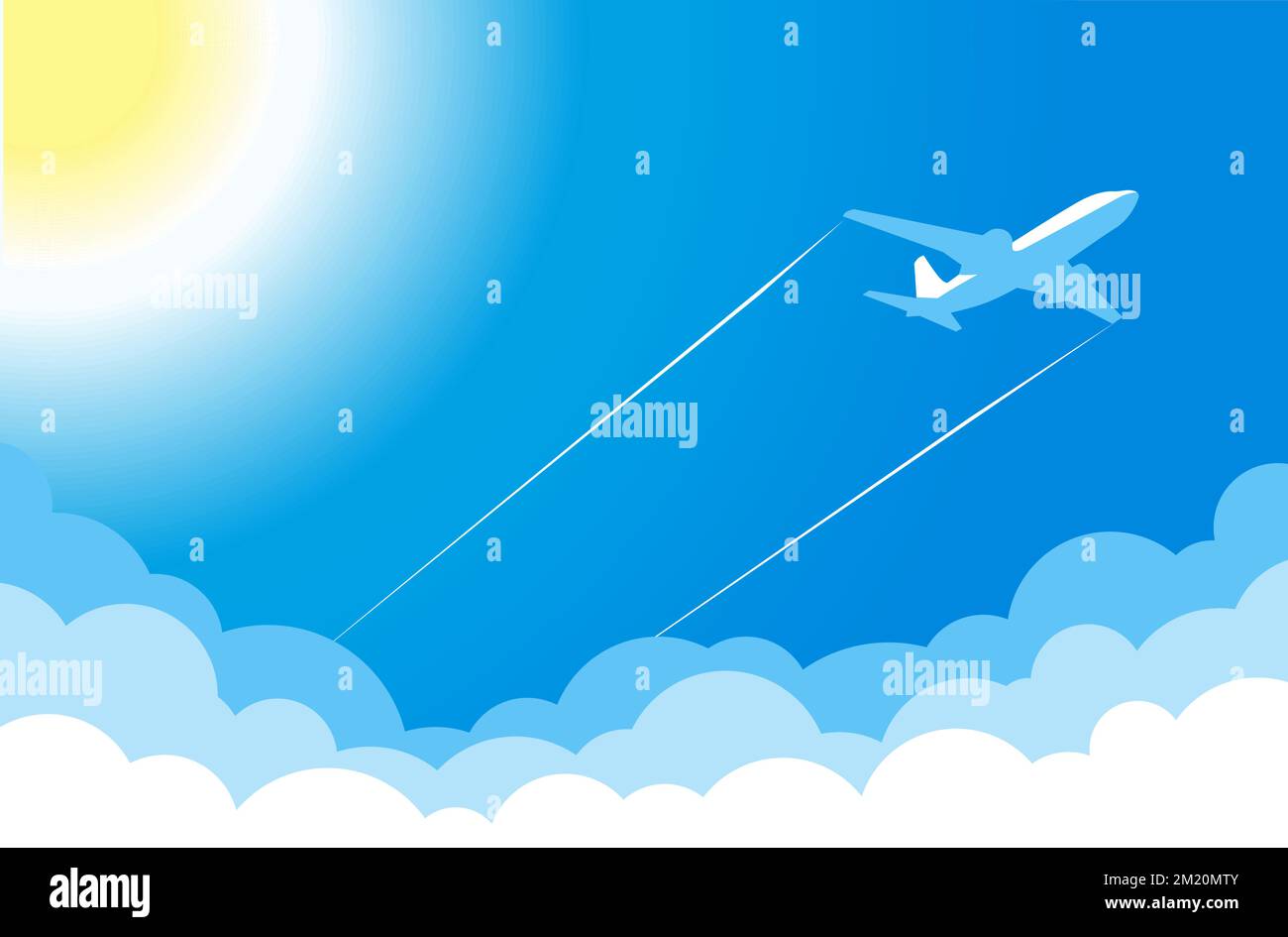 White plane in blue sky flies above clouds near hot sun. Vector ...