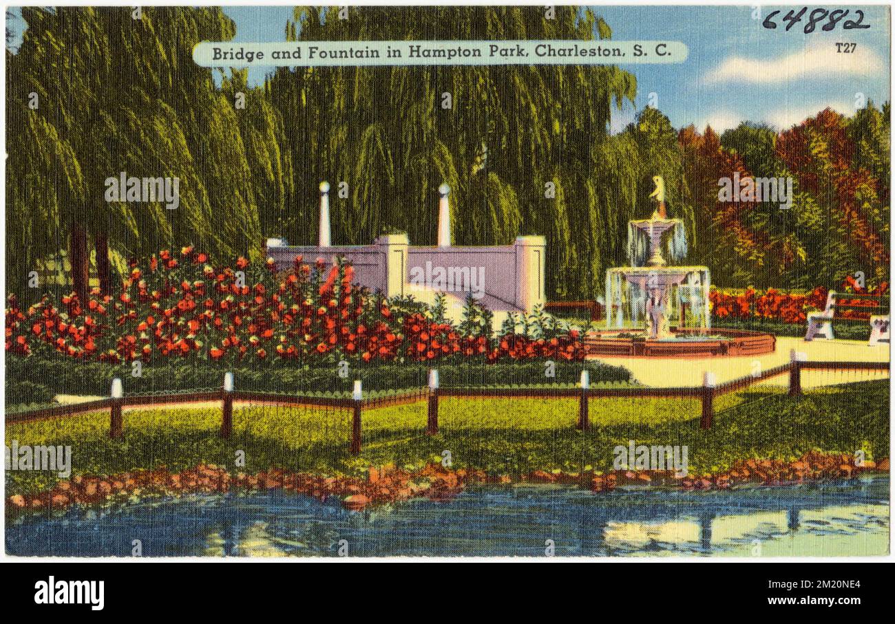 Bridge and fountain in Hampton Park, Charleston, S. C. , Parks, Tichnor ...