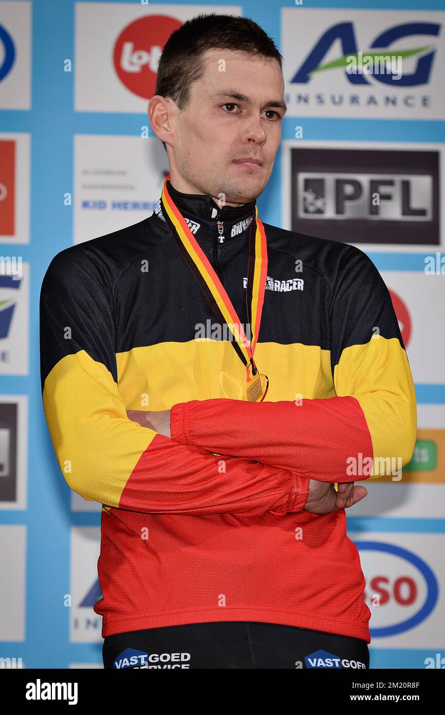 20160110 - LILLE, BELGIUM: Belgian Joeri Adams celebrates on the podium ...