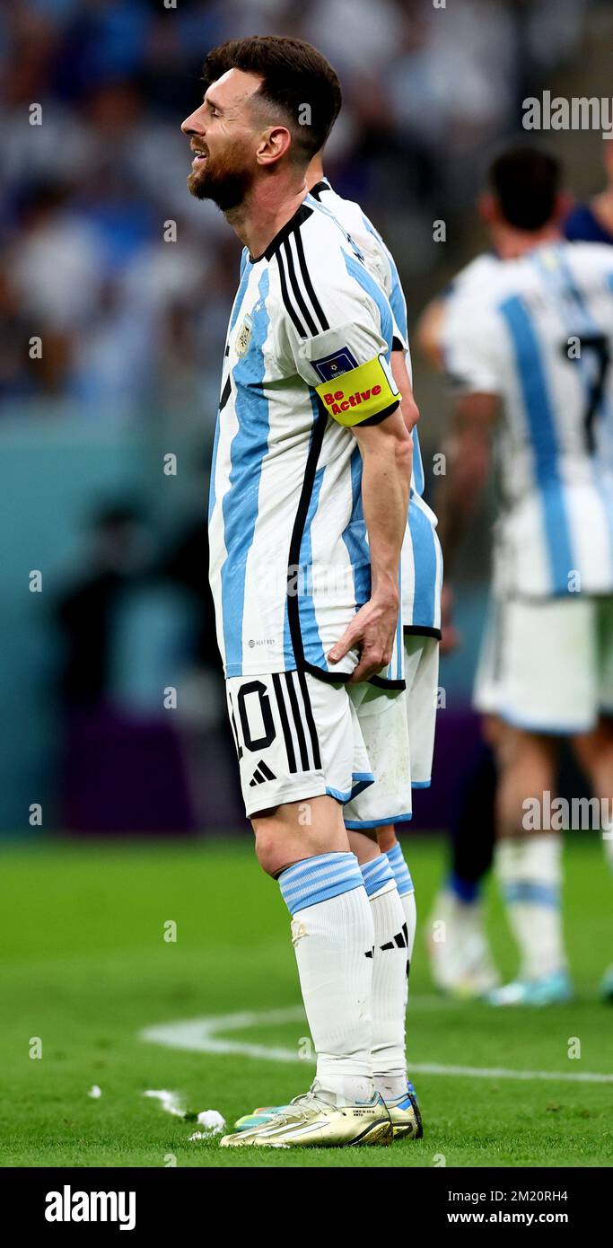 Doha, Qatar, 13th December 2022. Lionel Messi of Argentina checks his ...