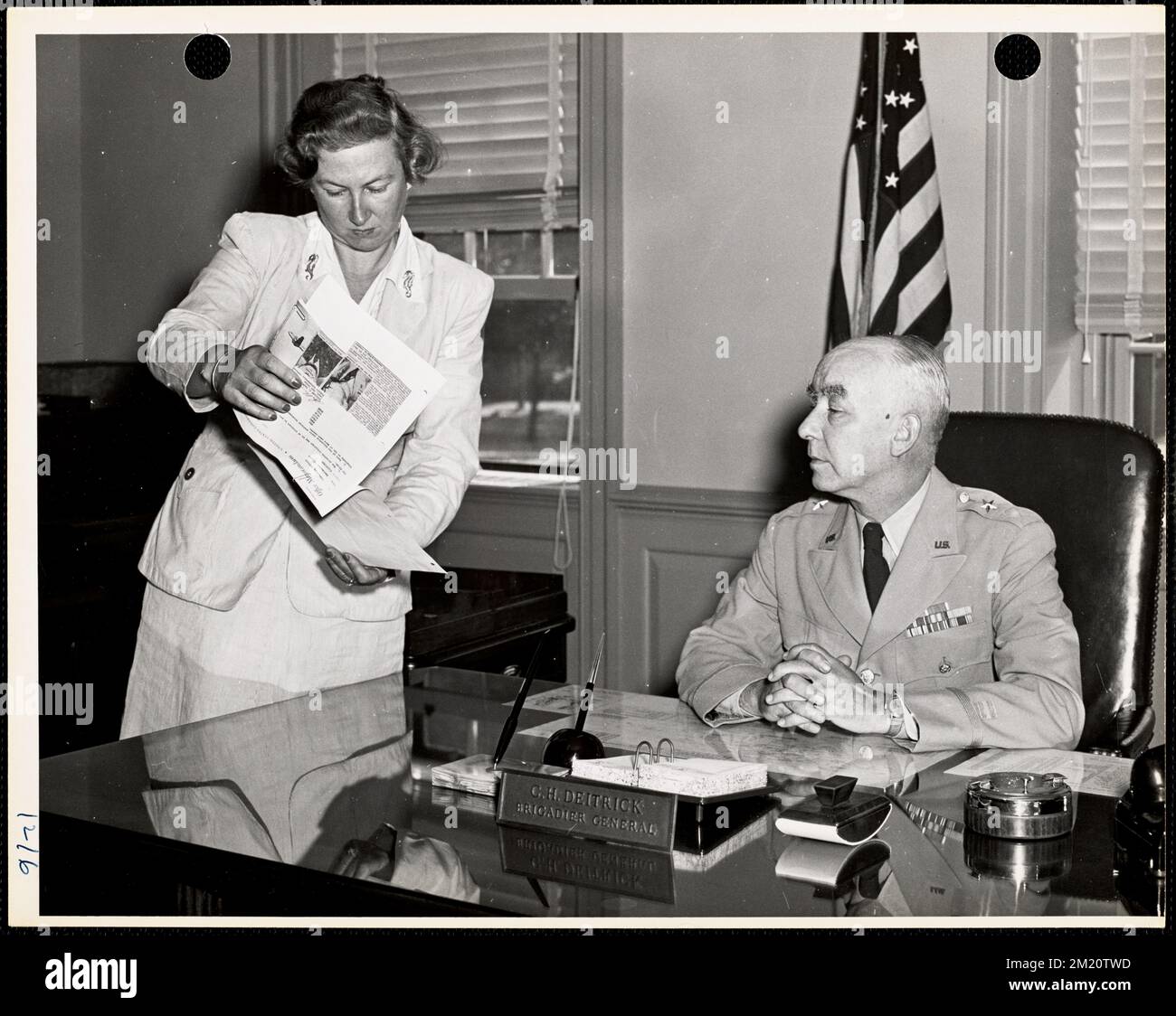 Brig. Gen. Detrick and woman with papers , Ordnance industry, Armories ...