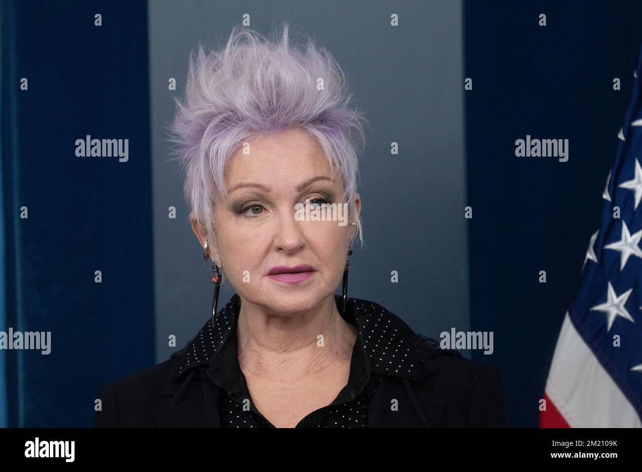 Musician Cyndi Lauper makes a statement in the briefing room at the ...