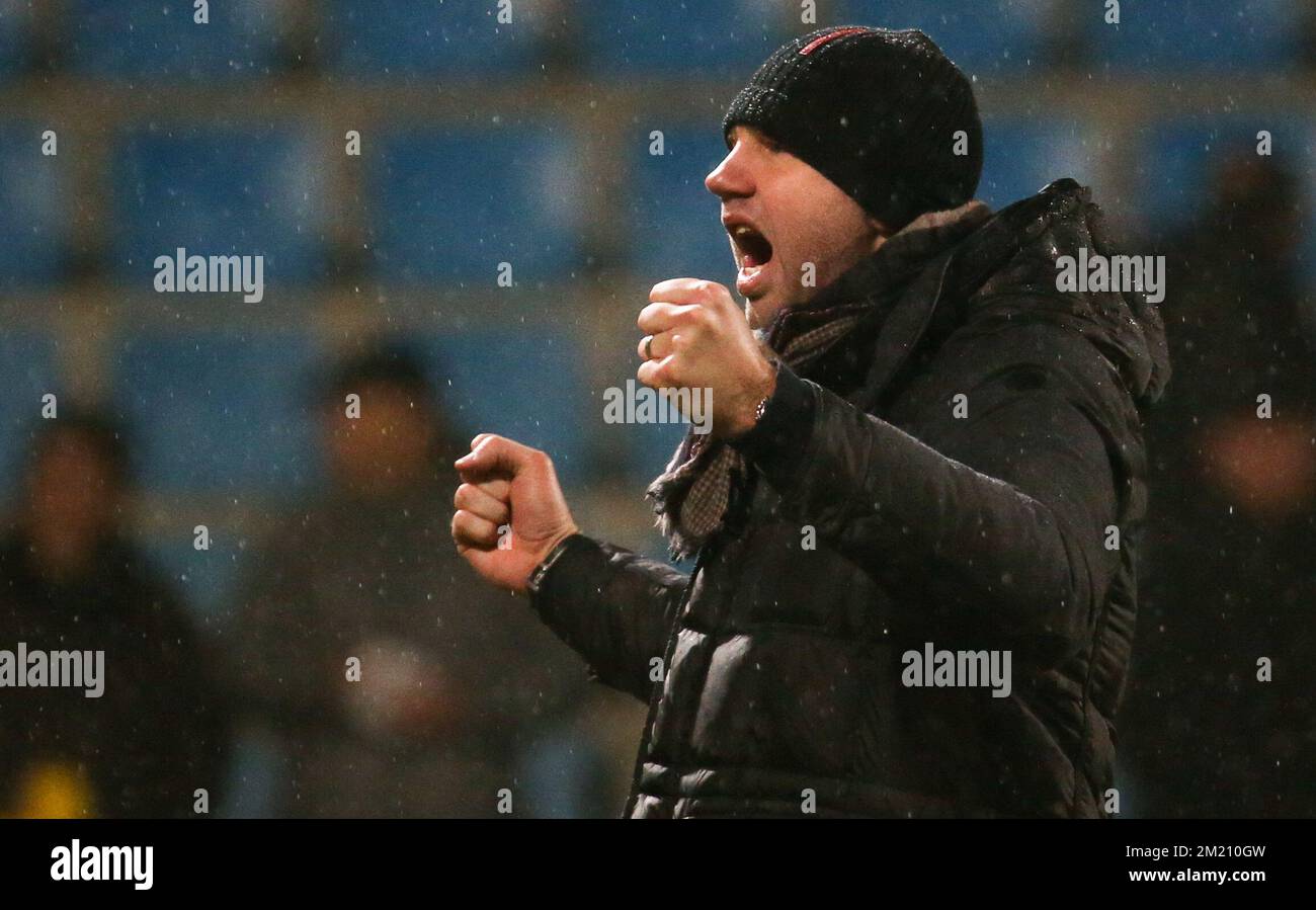 Westerlo's head coach Bob Peeters celebrates after winning the Jupiler ...
