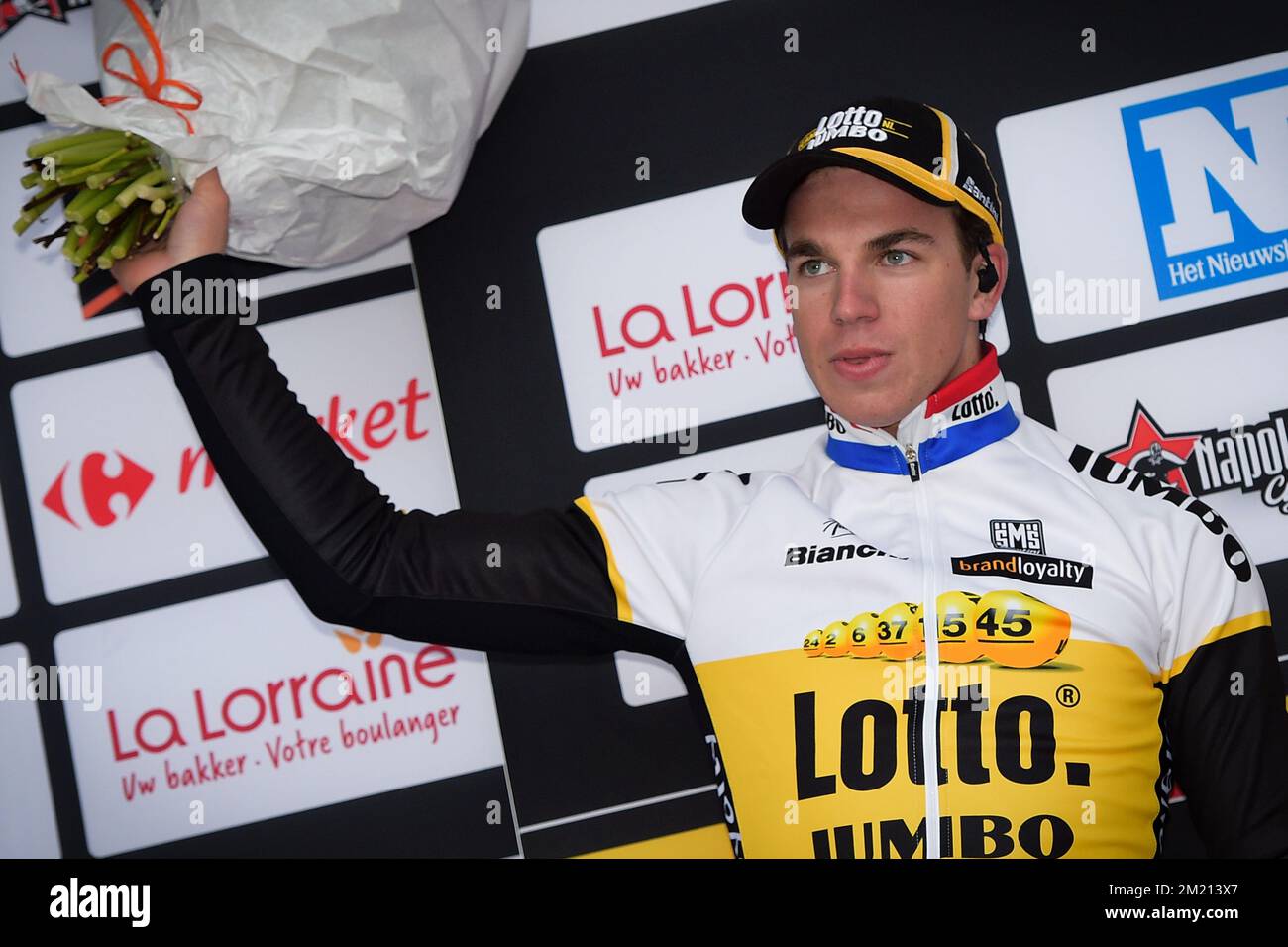 Dutch Dylan Groenewegen of Team LottoNL-Jumbo celebrates on the podium ...