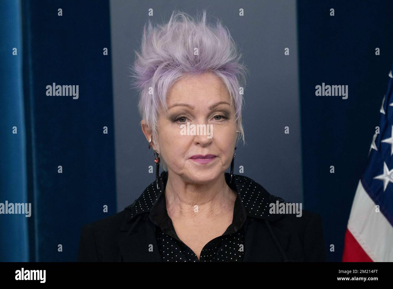 Musician Cyndi Lauper makes a statement in the briefing room at the ...