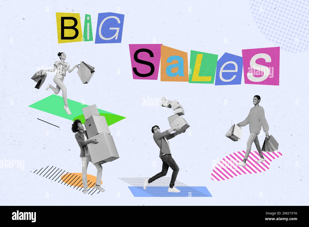 Collage photo website header different people hold much packages bags ...