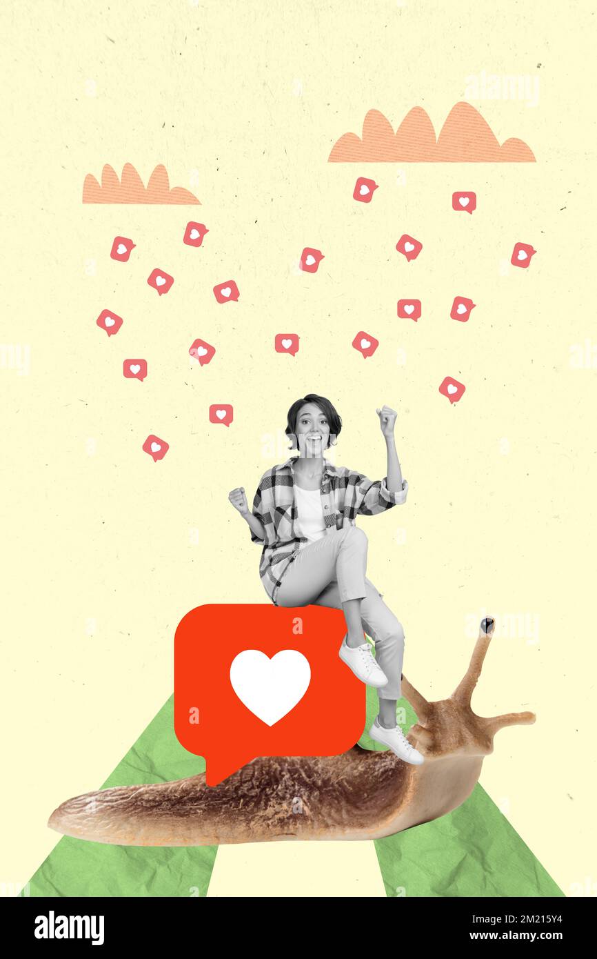 Collage photo of young woman fists up sit sliding snail celebrate her ...