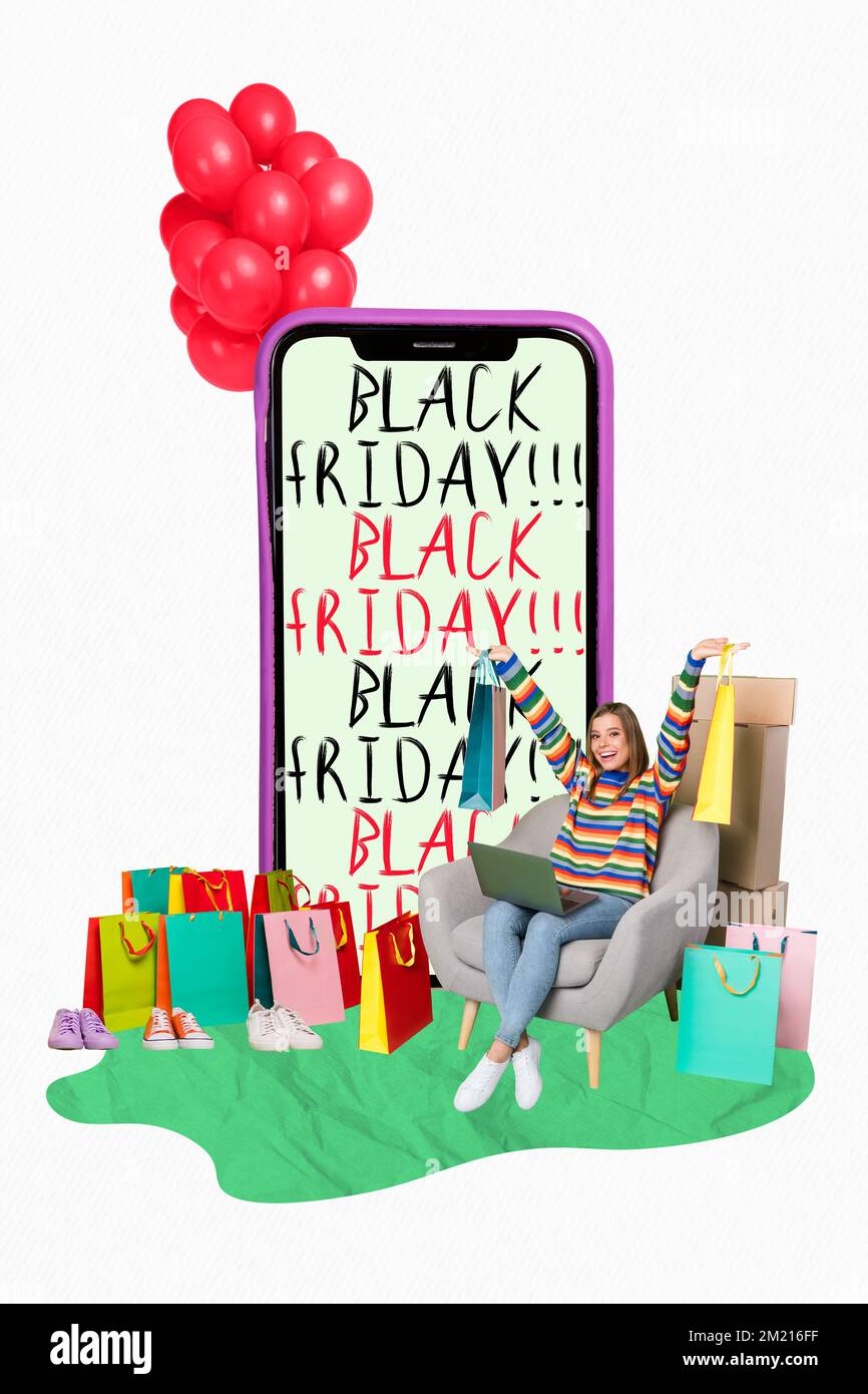 Vertical collage picture of excited funny shopper girl sit chair use ...