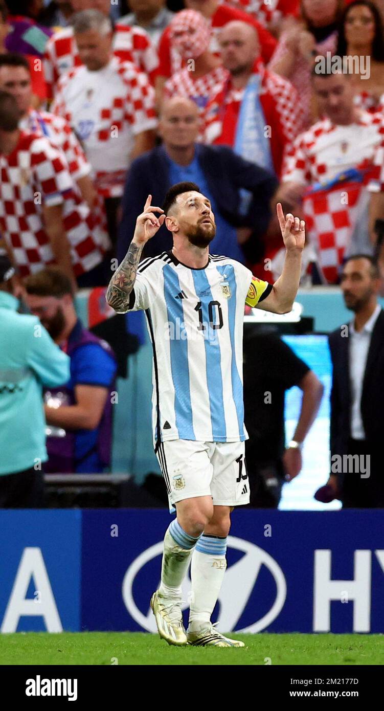 Doha, Qatar, 13th December 2022. Lionel Messi of Argentina celebrates ...