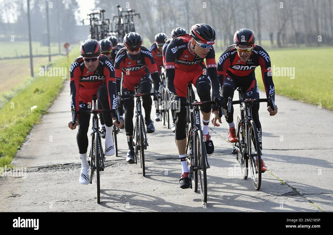 BMC Racing Team riders pictured in action during a track reconnaissance ...