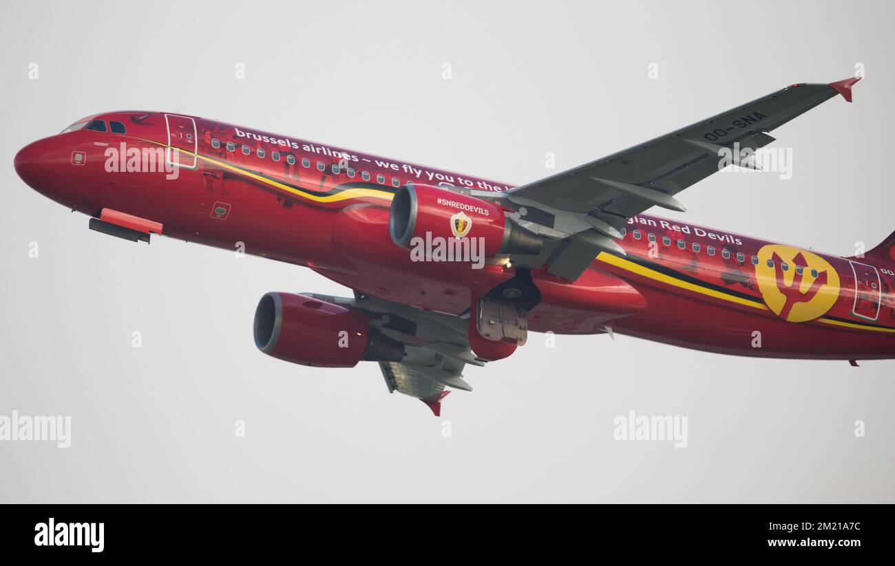 Illustration picture shows a Brussels Airlines airplane in the colors ...