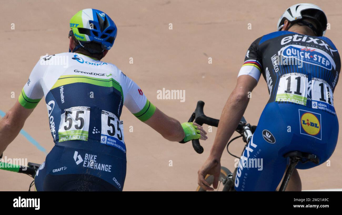 Australian Mathew Hayman of Orica GreenEDGE and Belgian Tom Boonen of ...