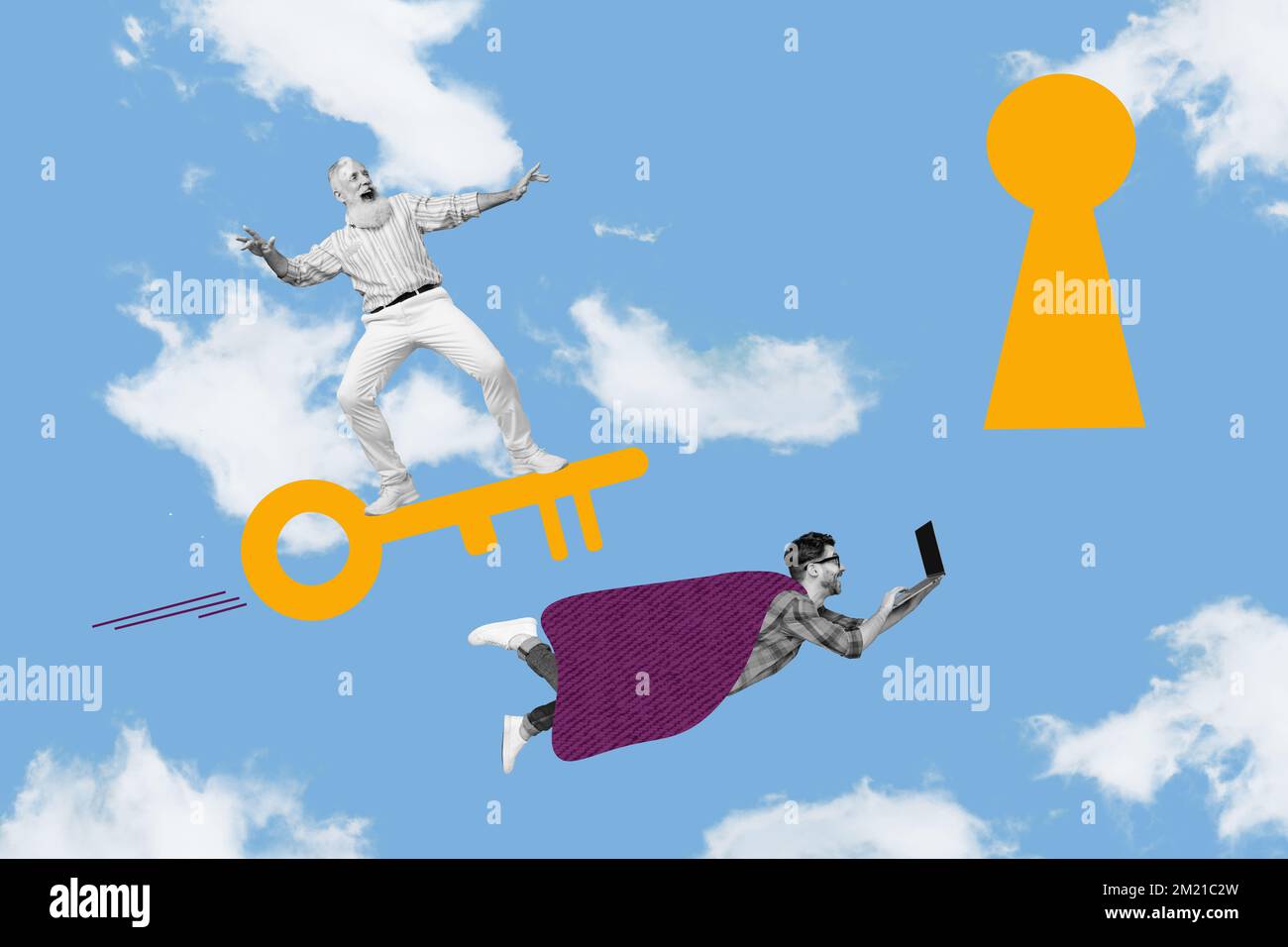 Photo collage cartoon comics sketch picture of funky excited guy flying ...