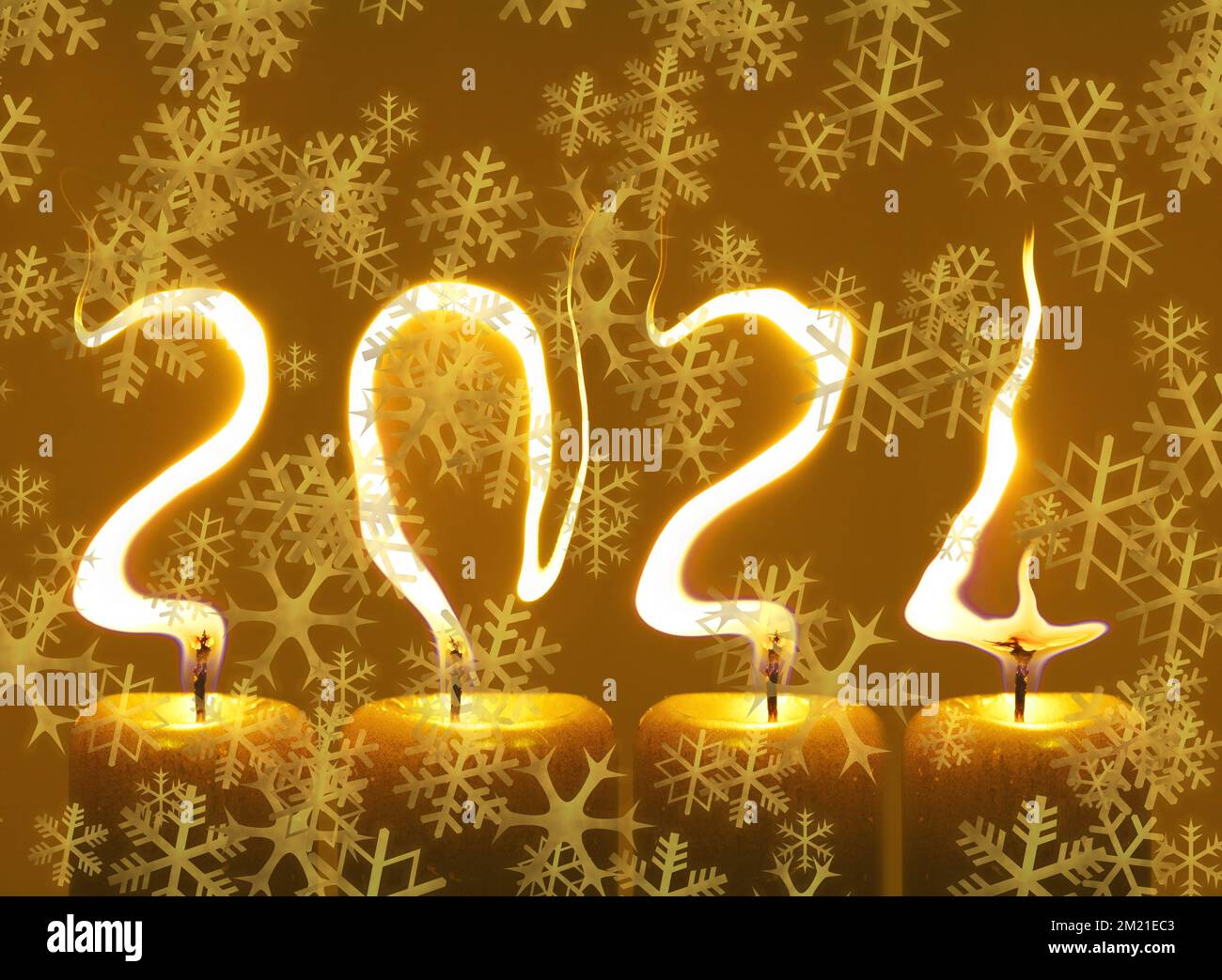 Modified photo of four candles. Flames write numbers 2024, snowflakes ...