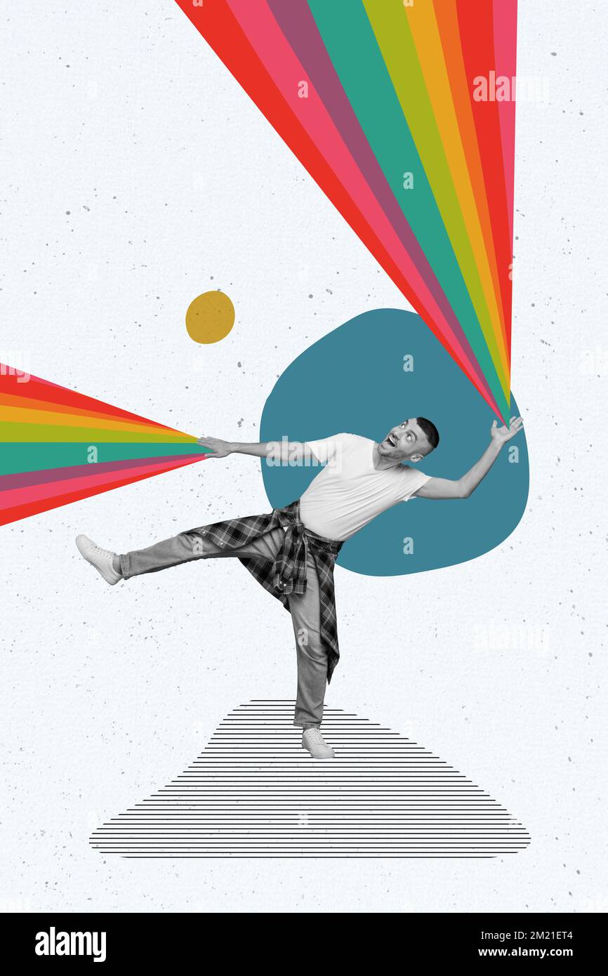 Vertical collage portrait of astonished black white colors guy arms ...