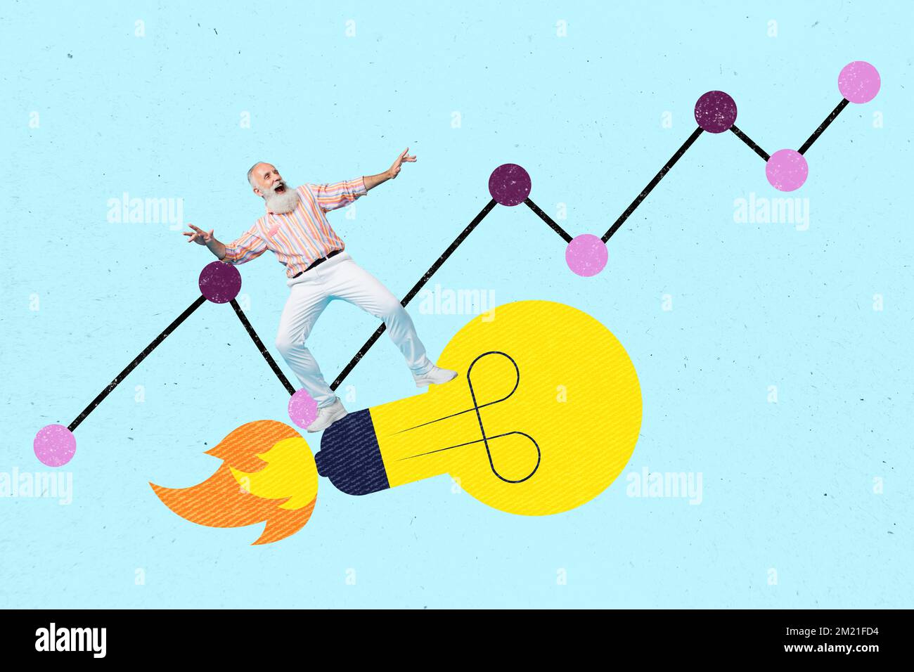 Artwork magazine collage picture of funny funky guy flying light bulb ...