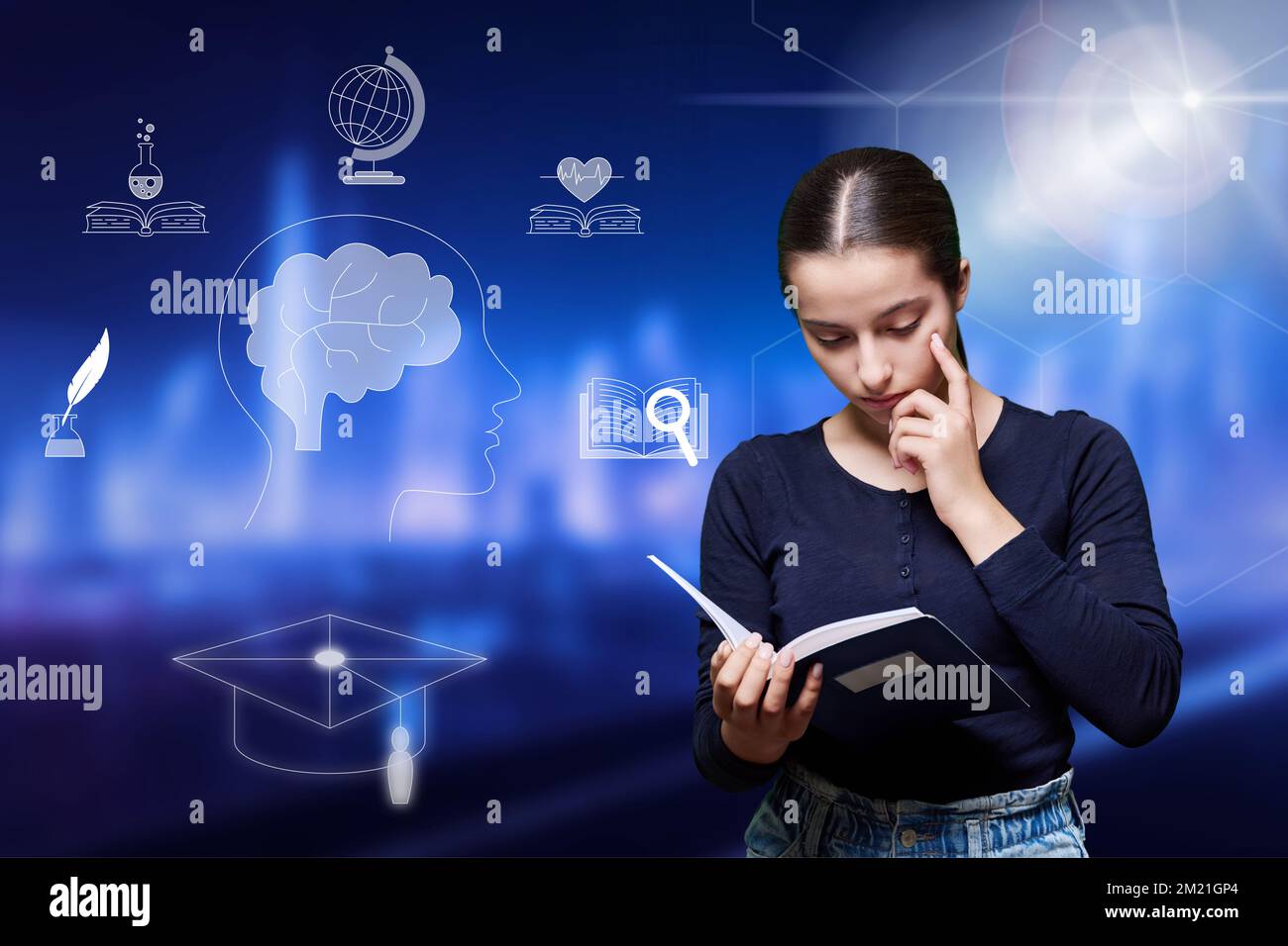 Teenage girl student reading school notebook, glowing dark blue ...