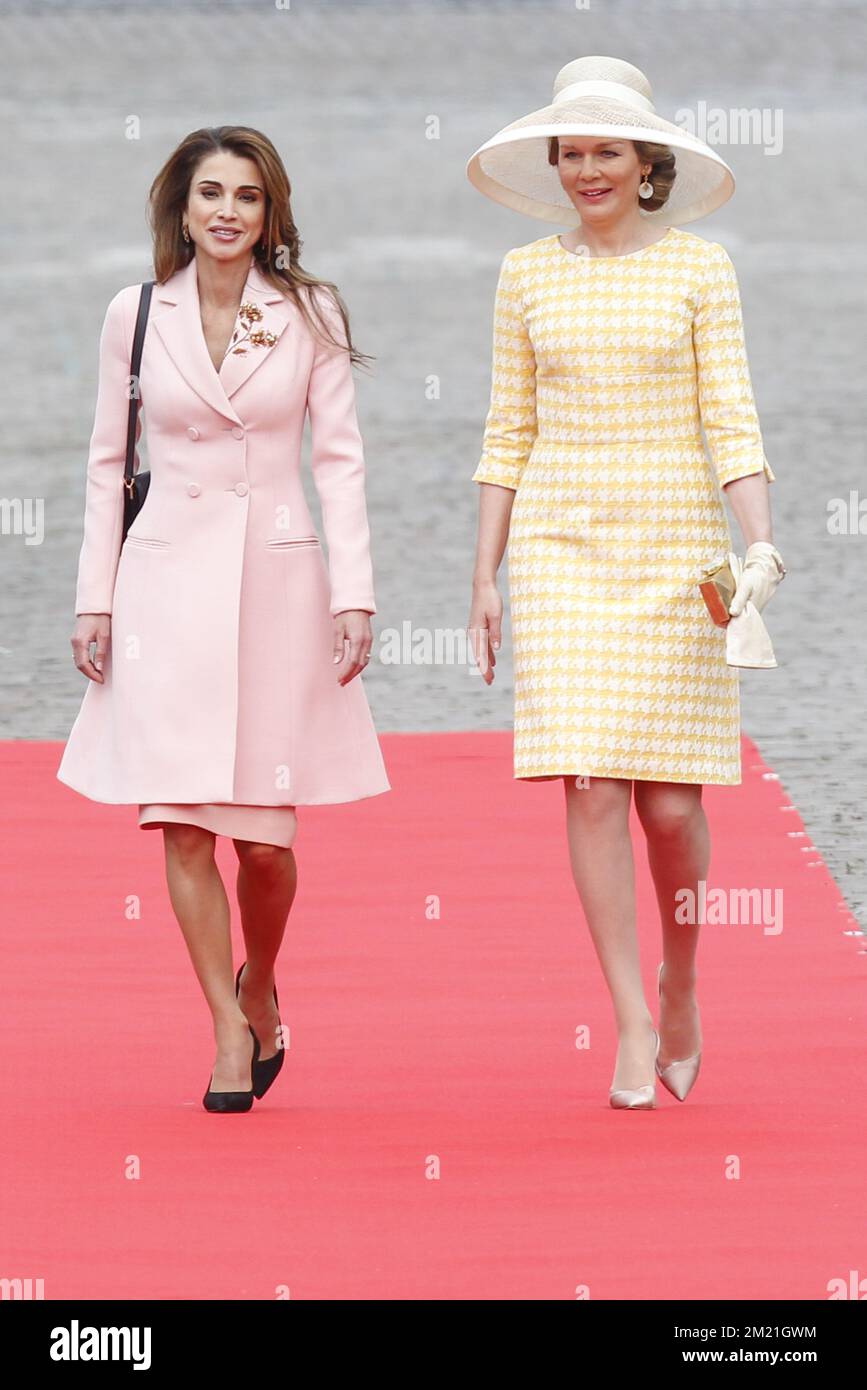 Queen Rania of Jordan and Queen Mathilde of Belgium pictured before a ...