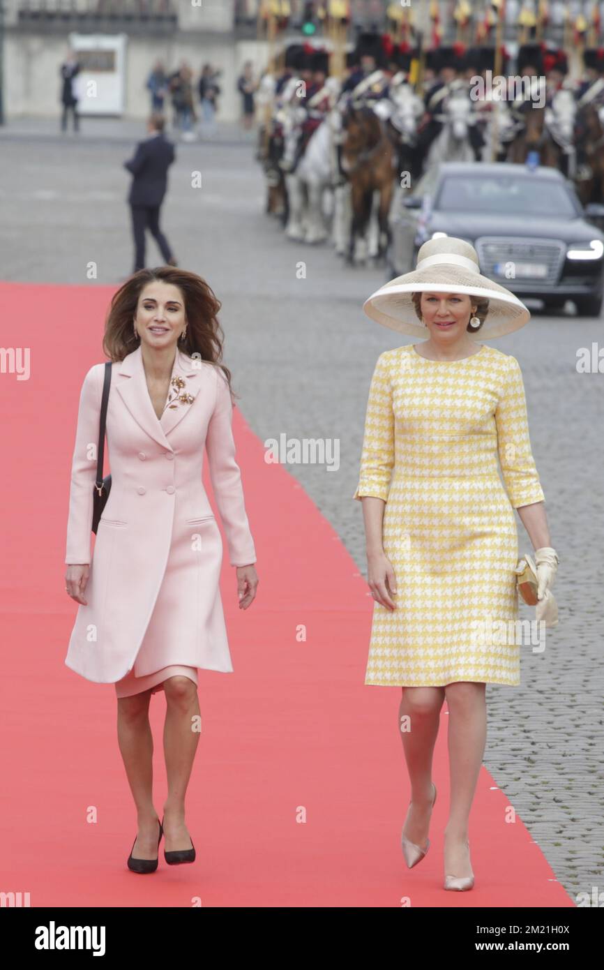 Queen Mathilde of Belgium and Queen Rania of Jordan pictured during a ...