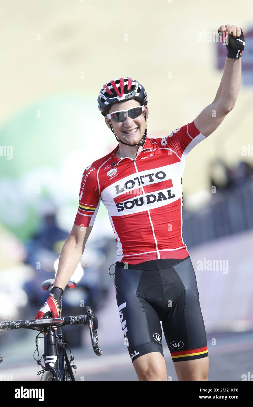 Belgian Tim Wellens of Lotto Soudal celebrates after winning the sixth ...