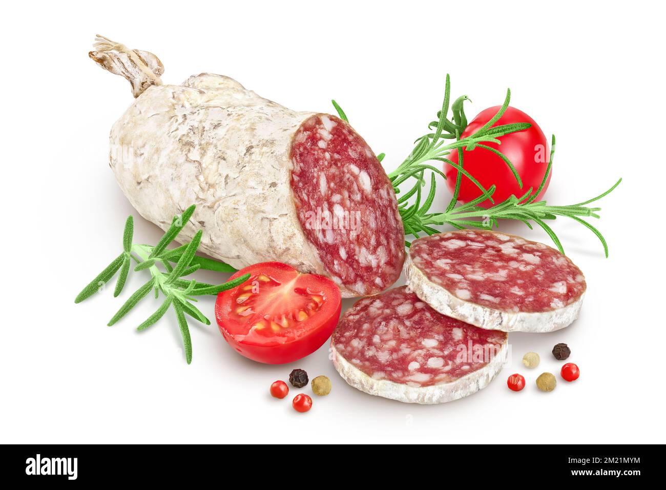 Cured salami sausage slices isolated on white background. Italian ...