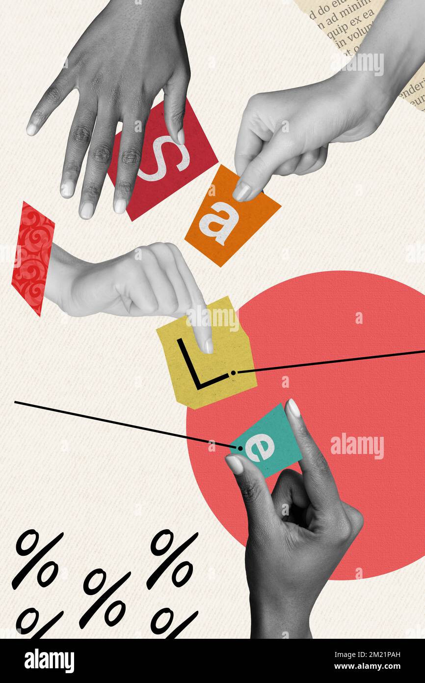 Collage photo poster of slogan sale shopping letters diversity hands ...