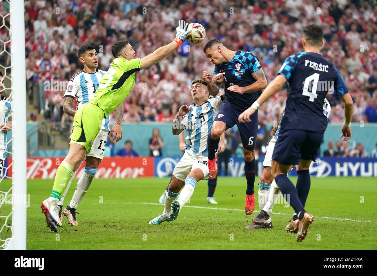 Argentina Goalkeeper Emiliano Martinez Left Clears The Ball From