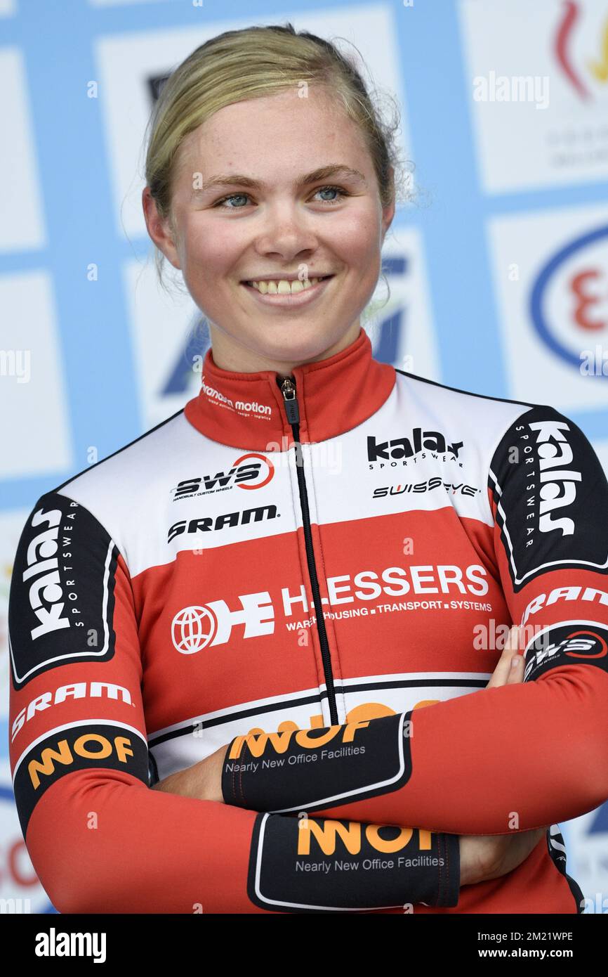 Belgian Laura Verdonschot pictured on the podium after the women's race ...