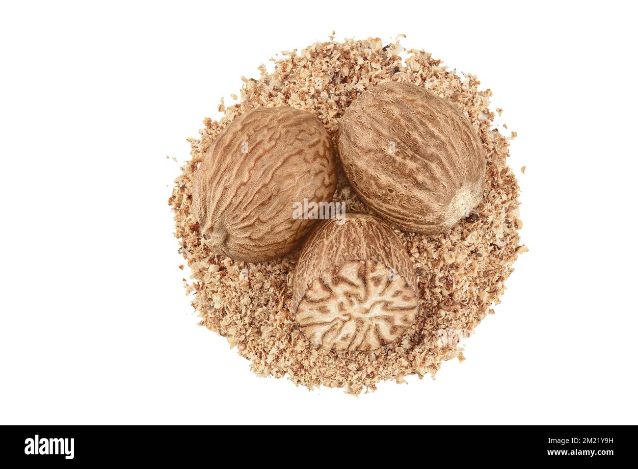 Whole and grated nutmeg isolated on white background with full depth of ...