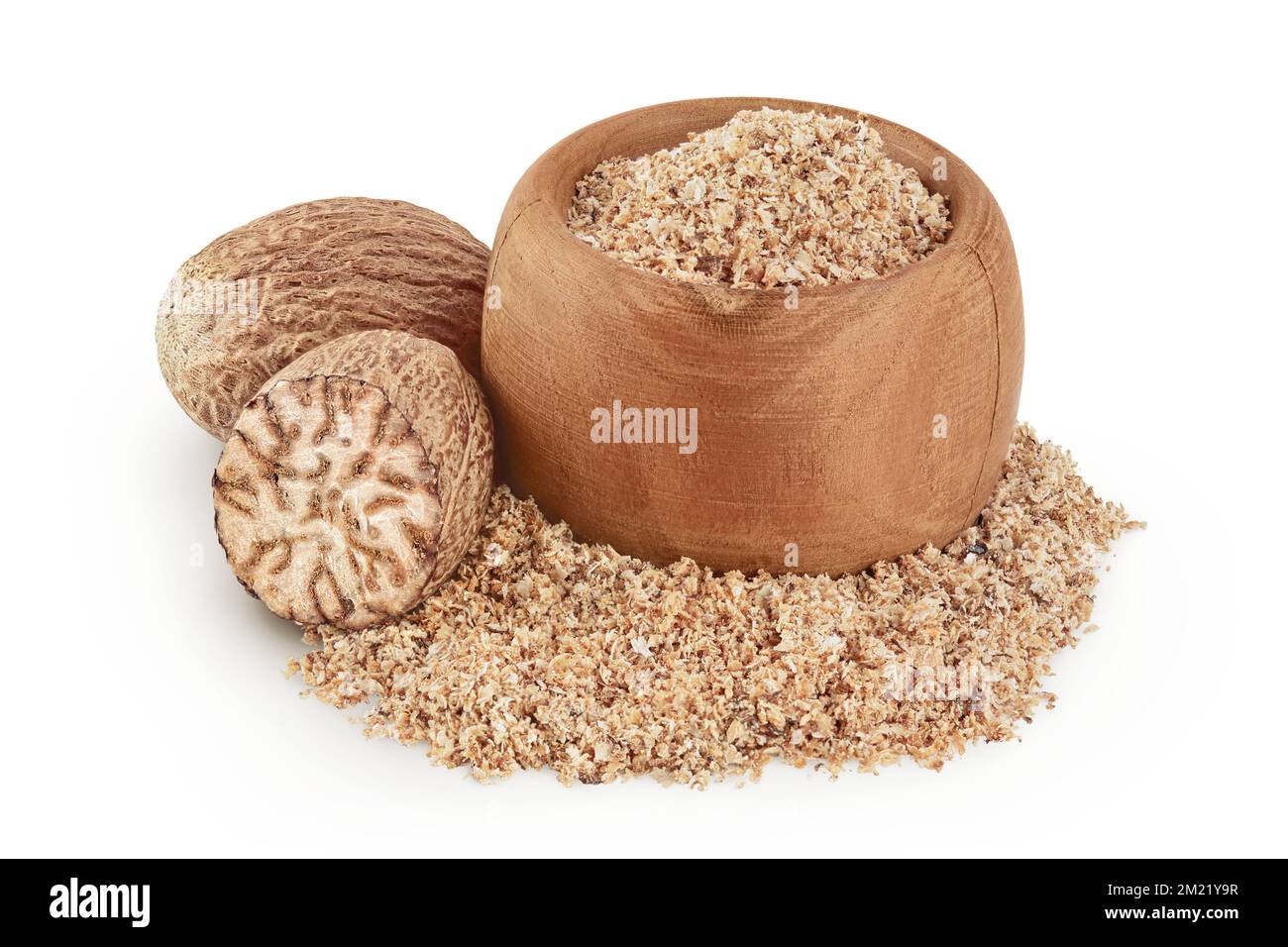 Whole and grated nutmeg in wooden bowl isolated on white background ...