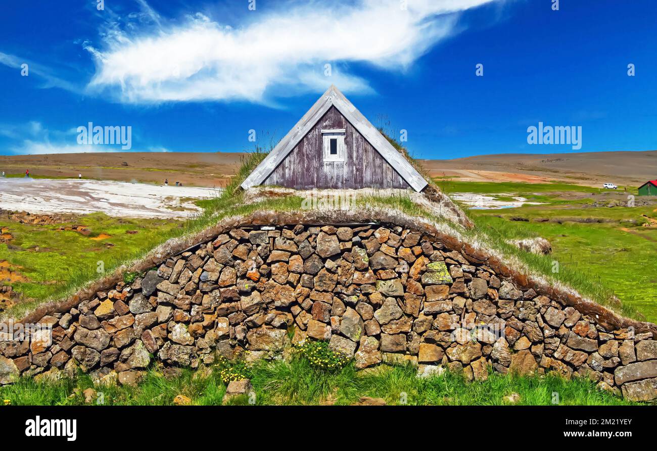 Traditional typical isolated old viking grass turf house, beautiful ...