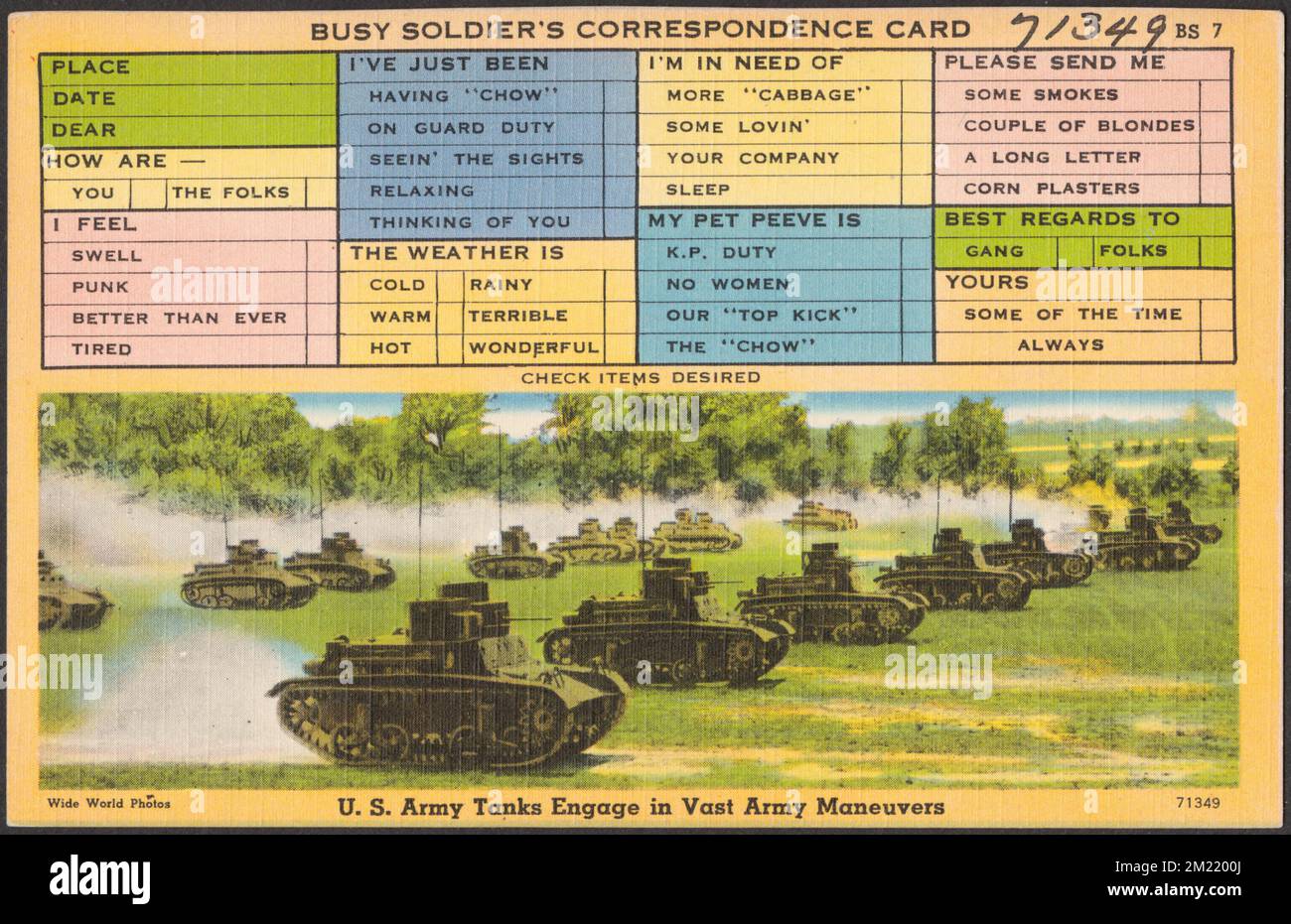 Busy soldier's correspondence card. U. S. Army tanks engage in vast ...