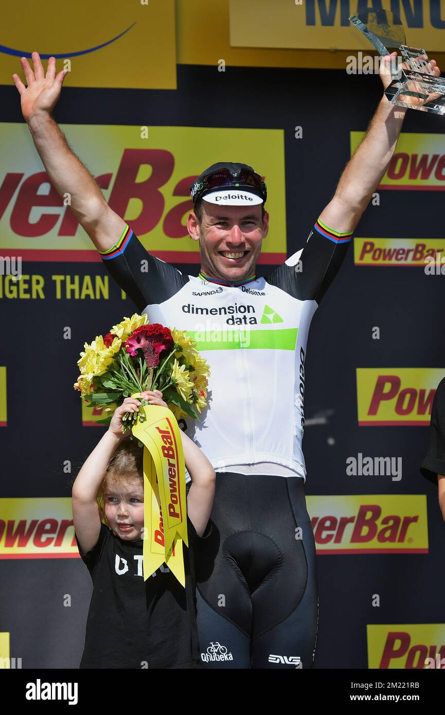 British Mark Cavendish of Dimension Data celebrates on the podium with ...