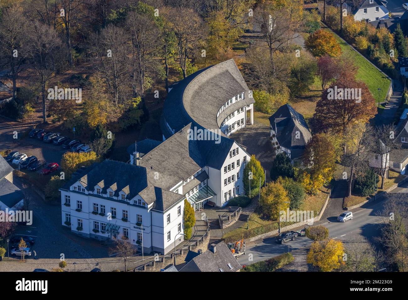 Aerial view, town hall in Schmallenberg, Sauerland, North Rhine ...