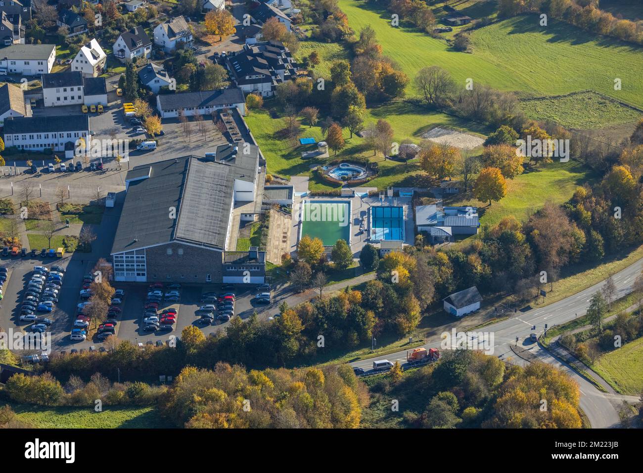 Town hall and wave outdoor pool in schmallenberg hi-res stock ...