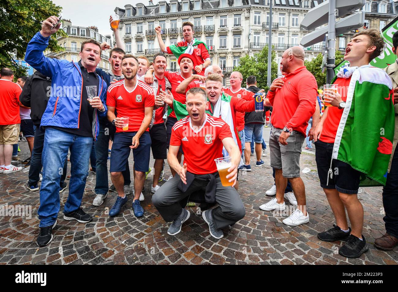 Welsh fans pictured in the street in Lille, France during a soccer game ...