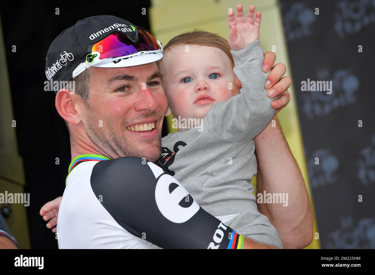 British Mark Cavendish of Dimension Data with his son Frey David on the ...