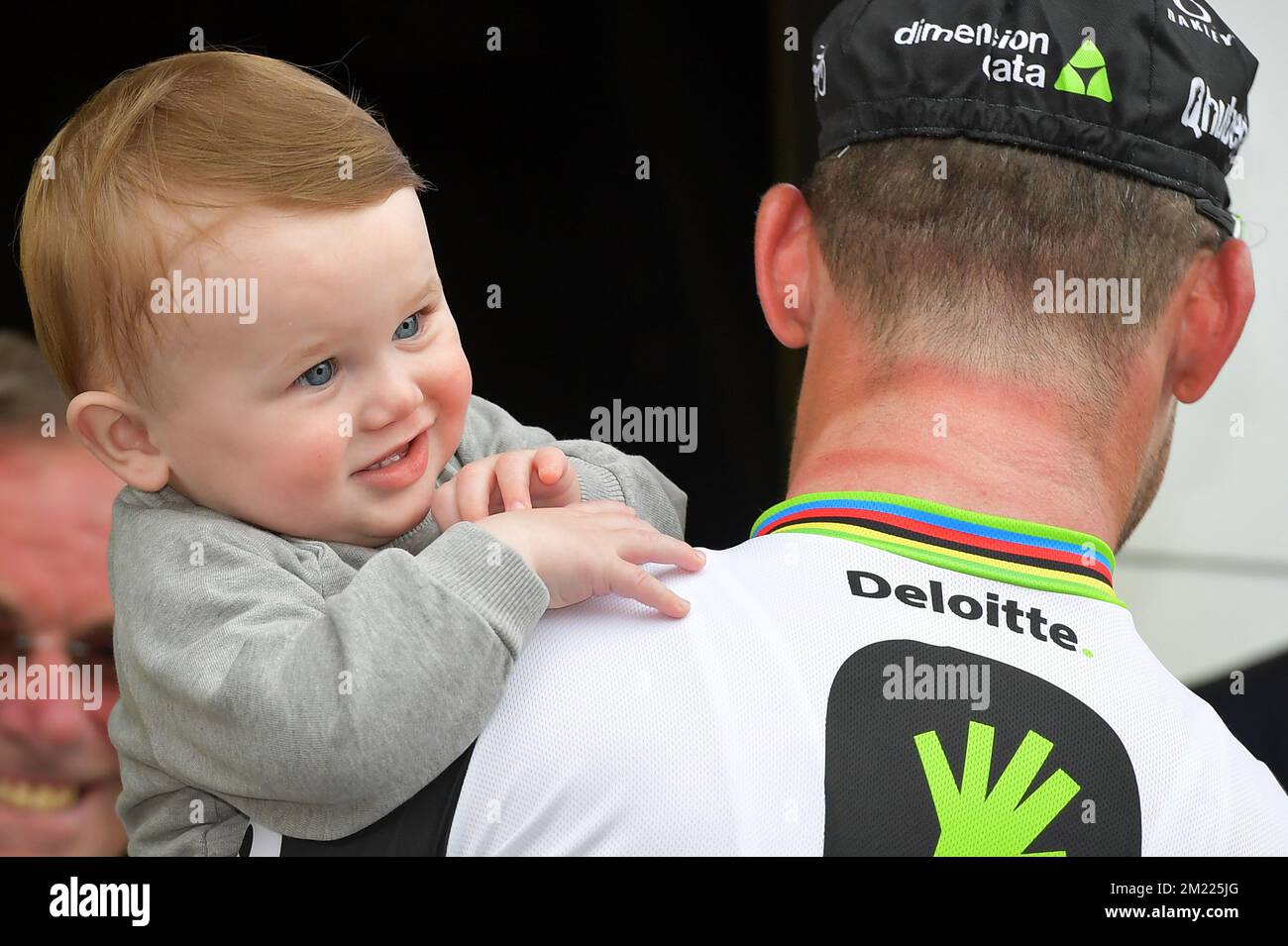 British Mark Cavendish of Dimension Data with his son Frey David on the ...