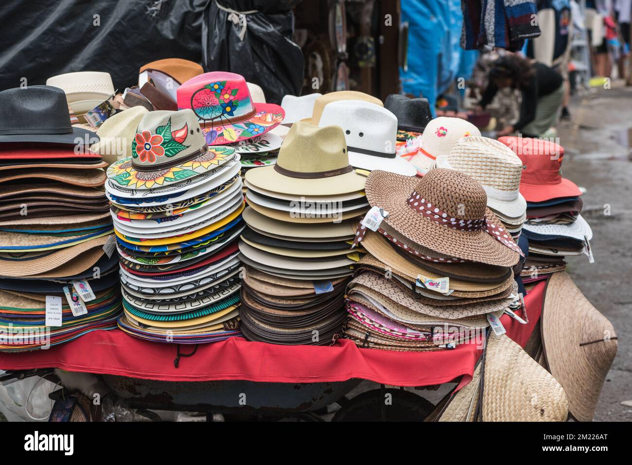 Hats on a market stall at El-Tajin, Mexico Stock Photo - Alamy
