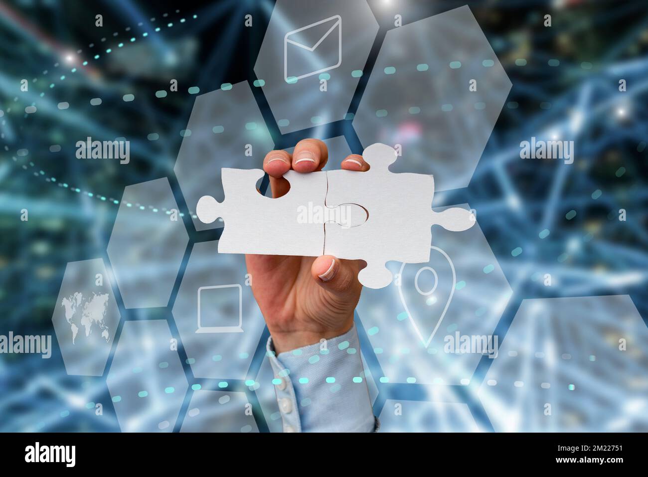 Hand Holding Jigsaw Puzzle Piece Unlocking New Futuristic Technologies ...