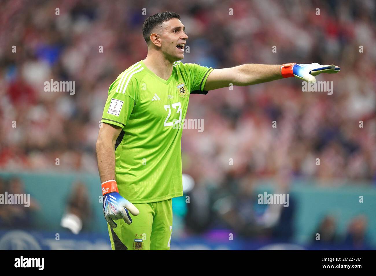 Argentina goalkeeper Emiliano Martinez instructs his team-mates during ...