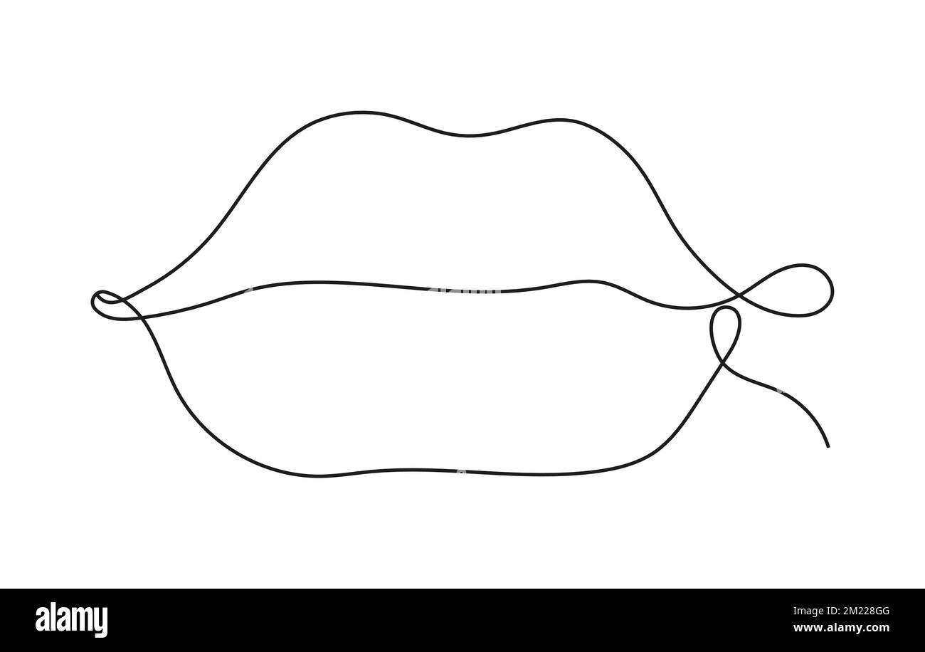 Five human senses in continuous line style. Mouth, lips outline, linear ...