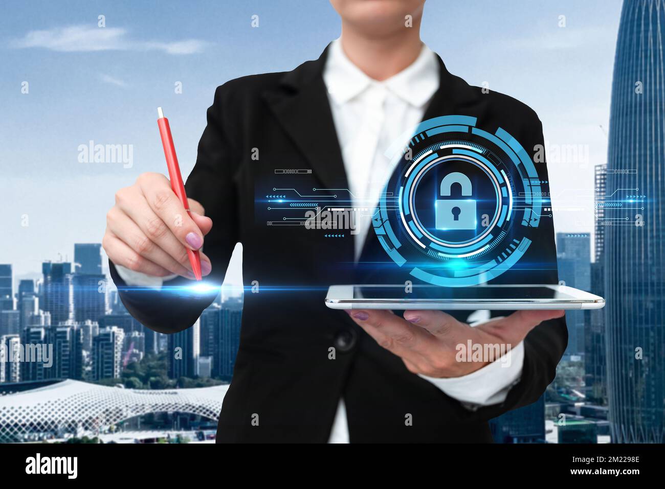 Woman In A Suit Virtually Writing On Screen Holding Tablet Showing ...