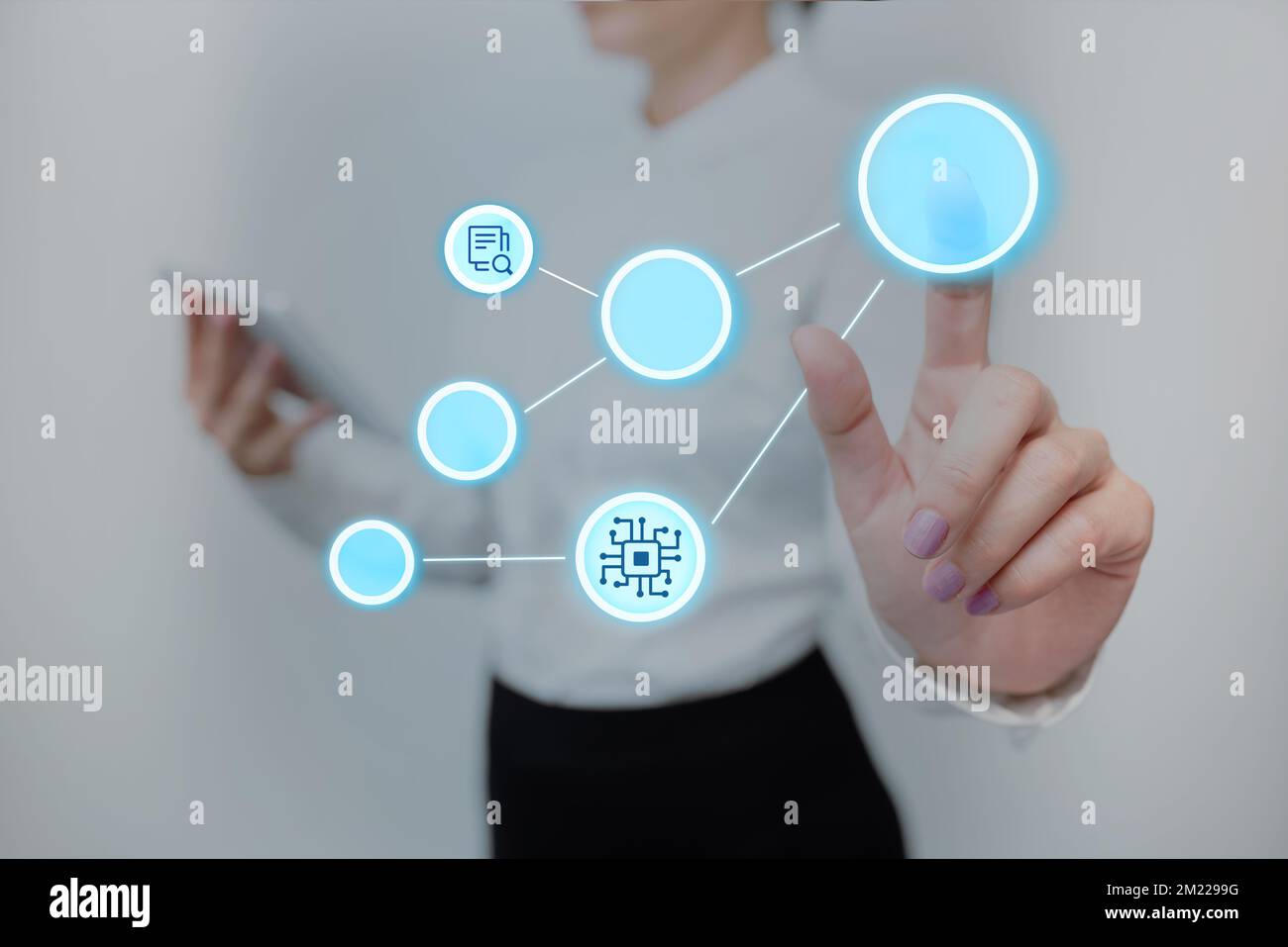 Lady In Uniform Side Standing Holding Tablet And Pressing On Virtual ...